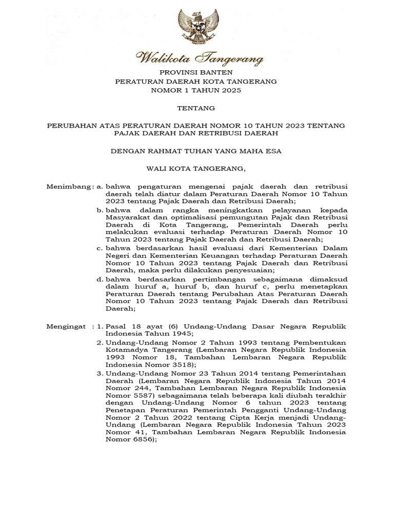 Perda 1 Tahun 2025 - BPD - Perubahan PDRD Batang Tubuh | PDF