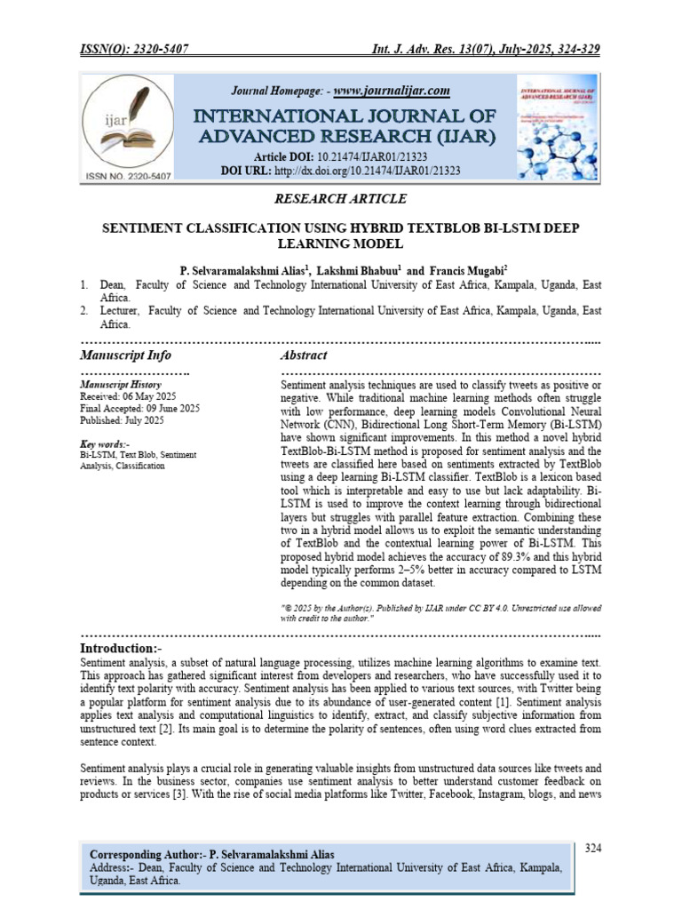 SENTIMENT CLASSIFICATION USING HYBRID TEXTBLOB BI-LSTM DEEP LEARNING MODEL | PDF | Deep Learning ...