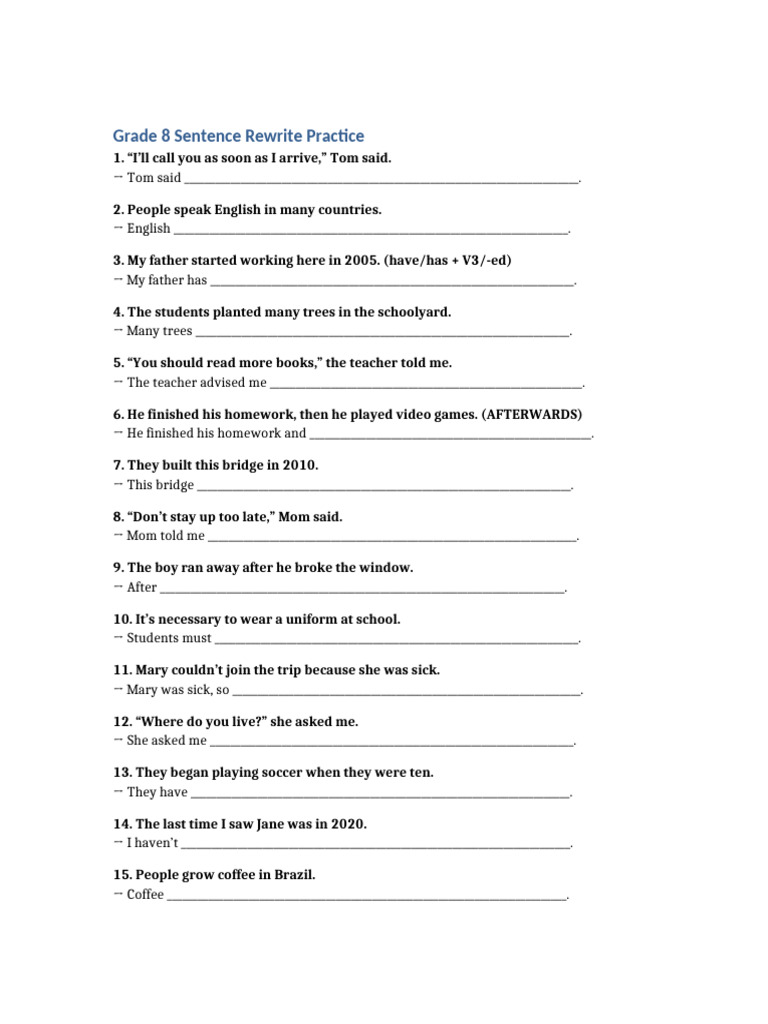 Grade 8 Sentence Rewrites | PDF