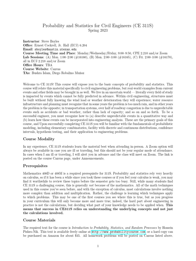 CE311S Syllabus Boyles 232 | PDF | Academic Dishonesty | Mathematics