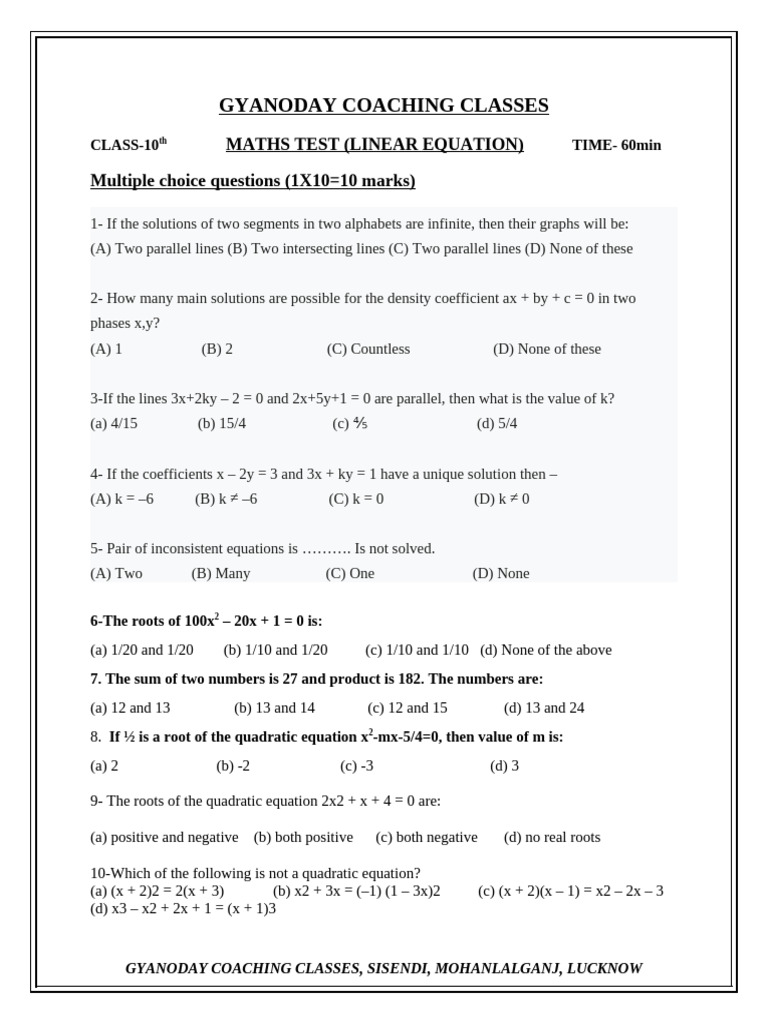 Maths Test Quadratic Eng | PDF | Equations | Quadratic Equation