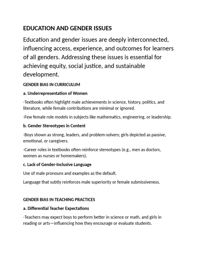 Addressing Gender Issues in Education | PDF | Gender Equality | Gender ...