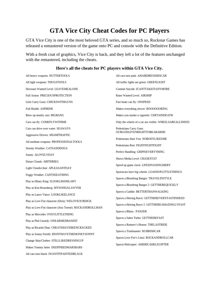 GTA Vice City Cheat Codes For PC Players | PDF