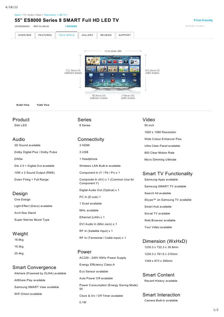 Samsung Smart TV ES8000 Specifications | PDF | Television | Hdmi