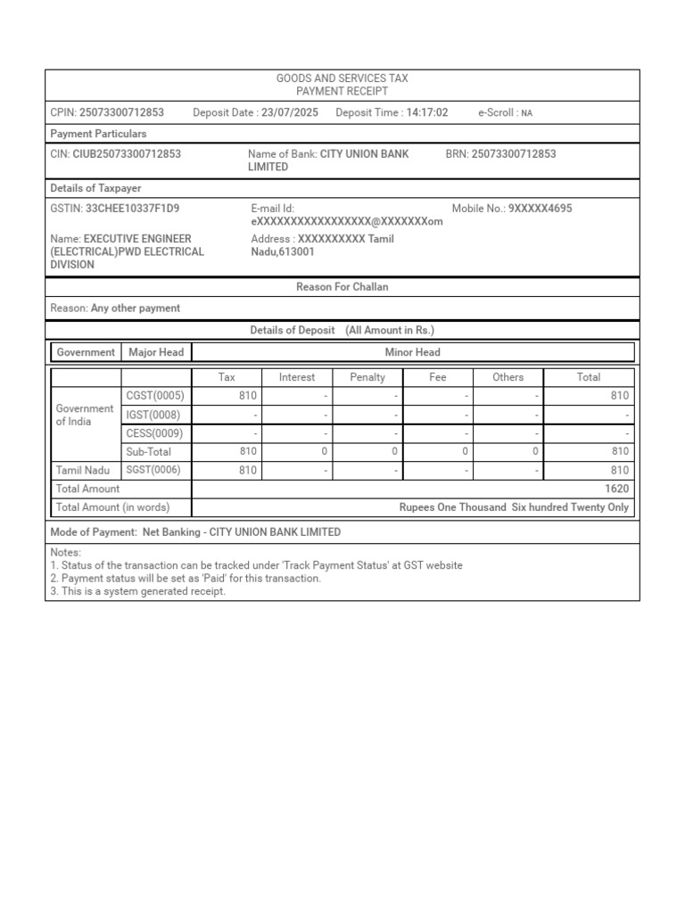 GST Payment Receipt - City Union Bank | PDF