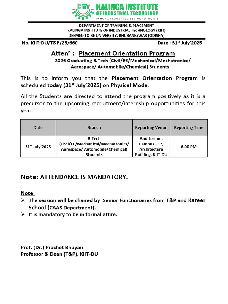Placemet Orientation Program Today (31st July'2025) for 2026 Graduating Batch | PDF