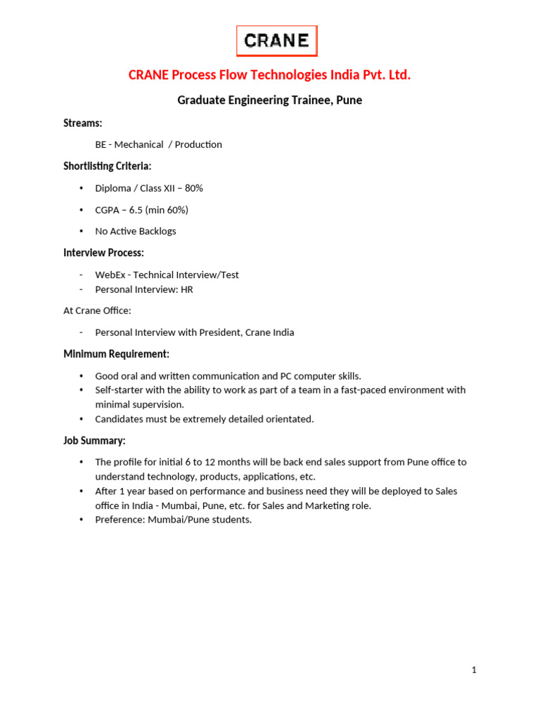 Crane Graduate Engineering Trainee Role | PDF