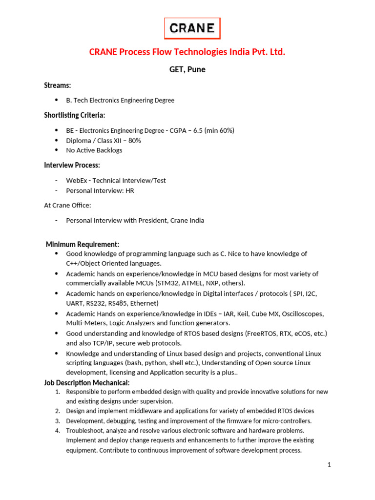 Crane India Requirement - IDC - Electronics - E&TC | PDF ...