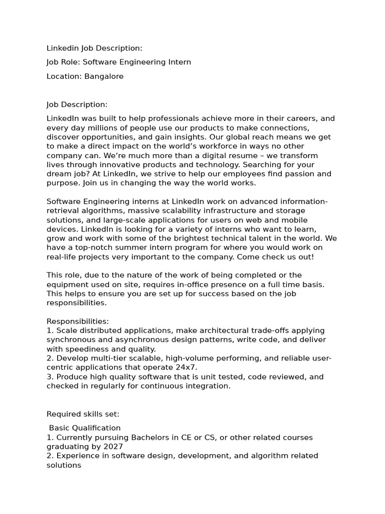 LinkedIn Software Engineering Intern Role | PDF