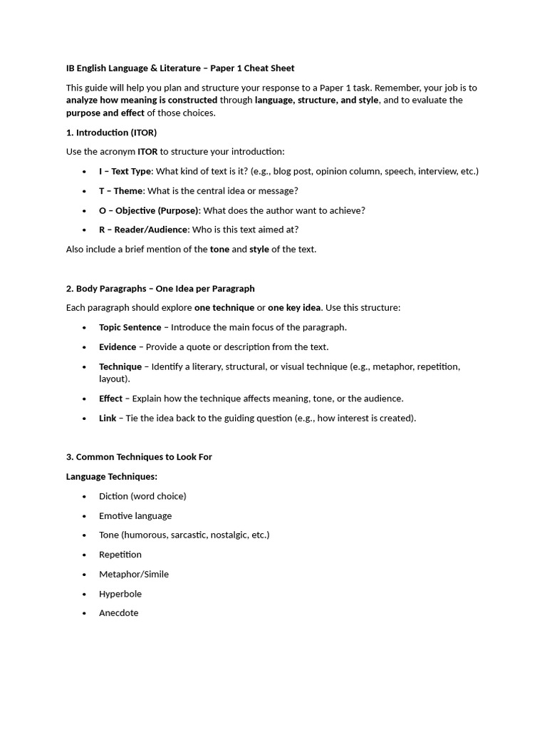 IB English Language - Cheat Sheet | PDF | Metaphor | Narrative