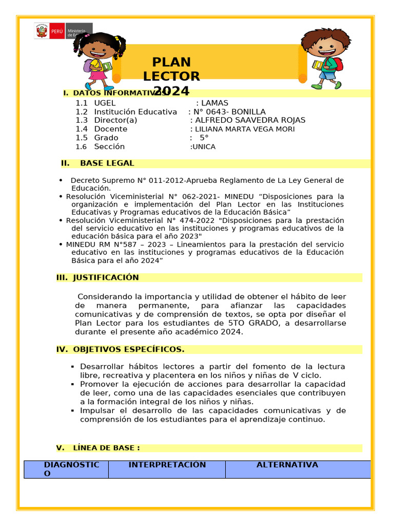 Plan Lector 2024 para 5° Grado | PDF | Educación primaria | Maestros