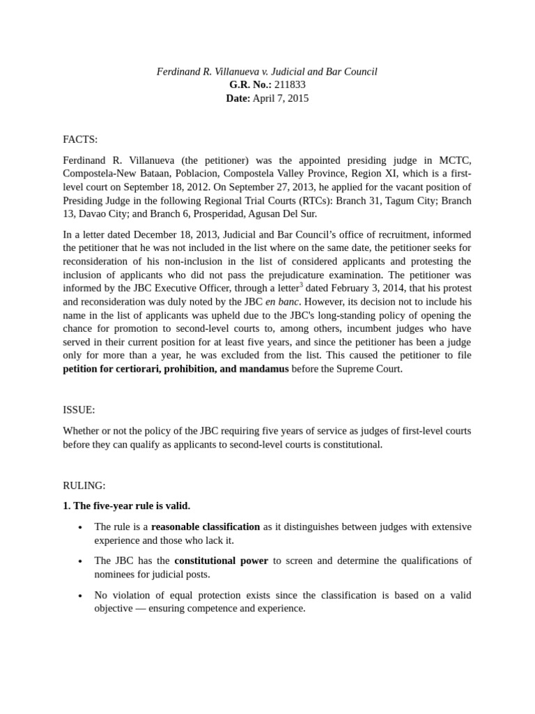 VILLANUEVA VS. JBC A Case Digest | PDF | Mandamus | Certiorari