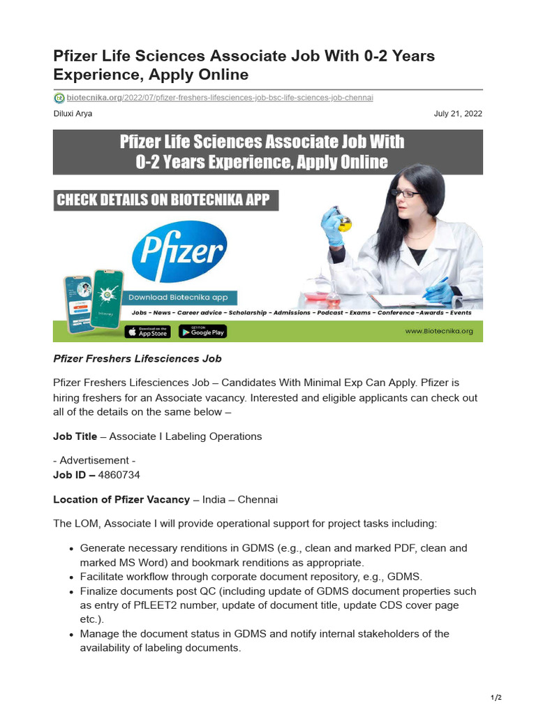 Pfizer Life Sciences Associate Job With 0-2 Years Experience Apply ...