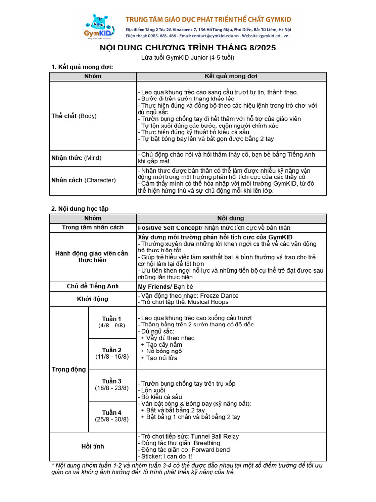 NDCT GymKID 8.2025 GymKID Junior 4-5 tuổi | PDF