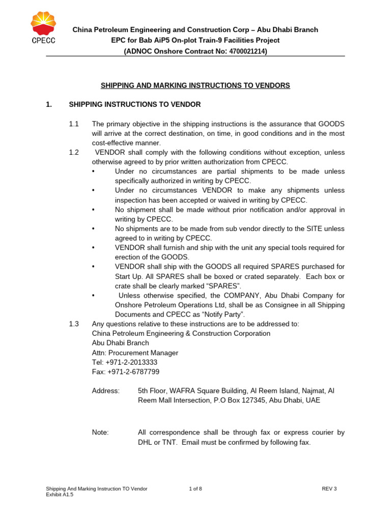 Shipping Instructions for ADNOC Project | PDF