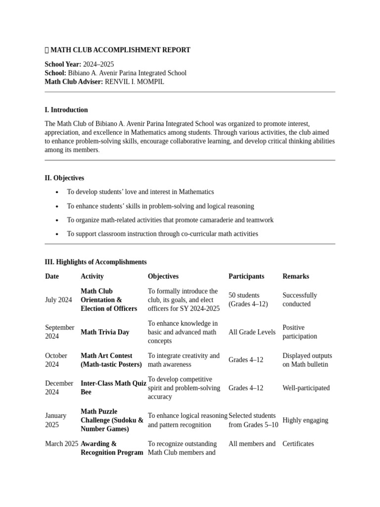 ? Math Club Accomplishment Report | PDF | Mathematics | Critical Thinking