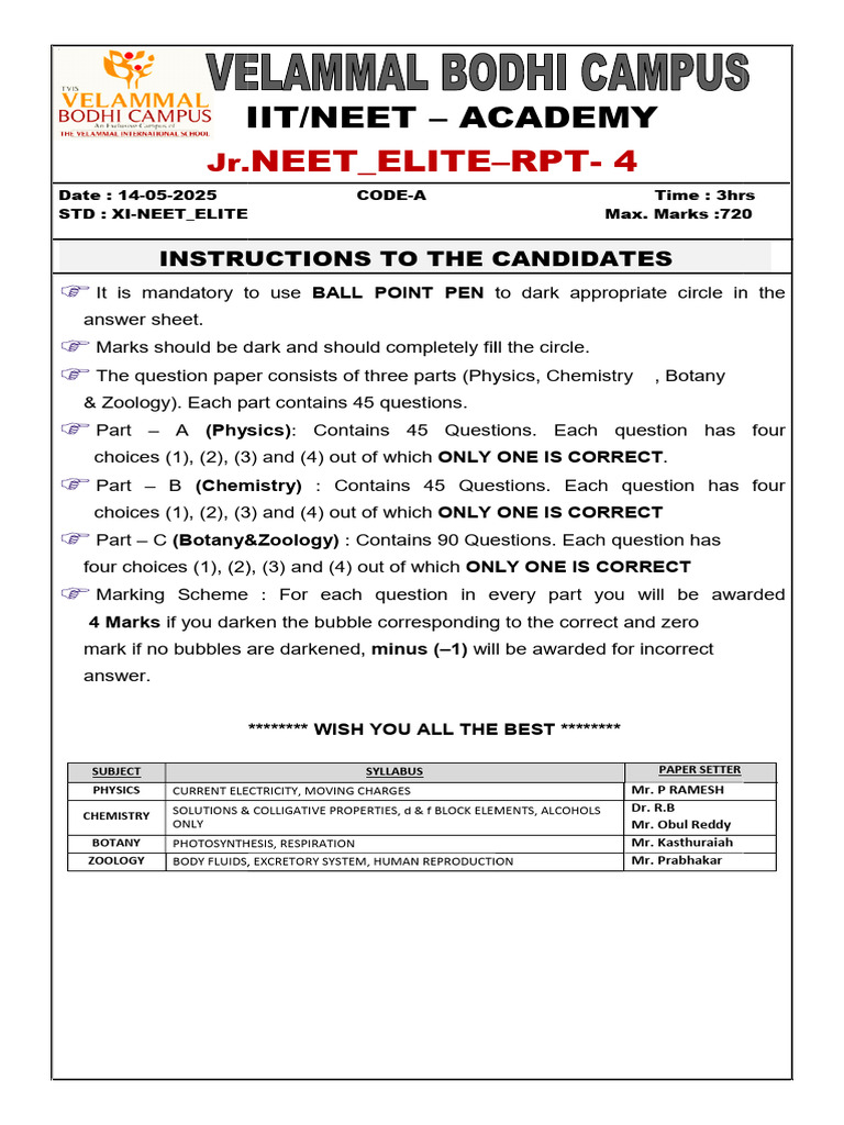 RPT 4 Xi Elite Neet (Without Key) 14-05-2025 | PDF | Electron Transport ...