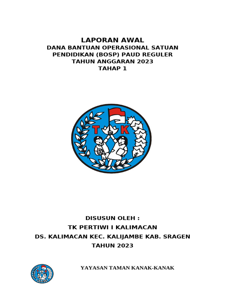 Tahap 1 LAPORAN AWAL BOP PAUD TK PERTIWI 1 2023 | PDF