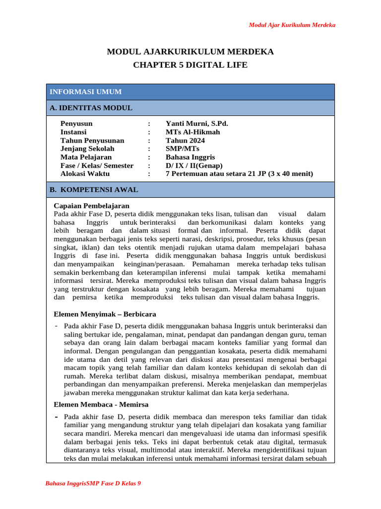Modul Ajar Chapter 5 Digital Life | PDF
