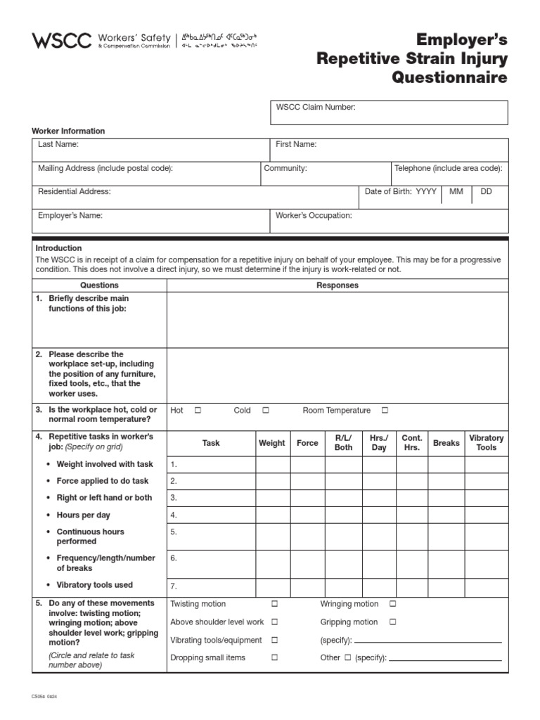 Employer Repetitive Strain Injury Questionnaire English | PDF
