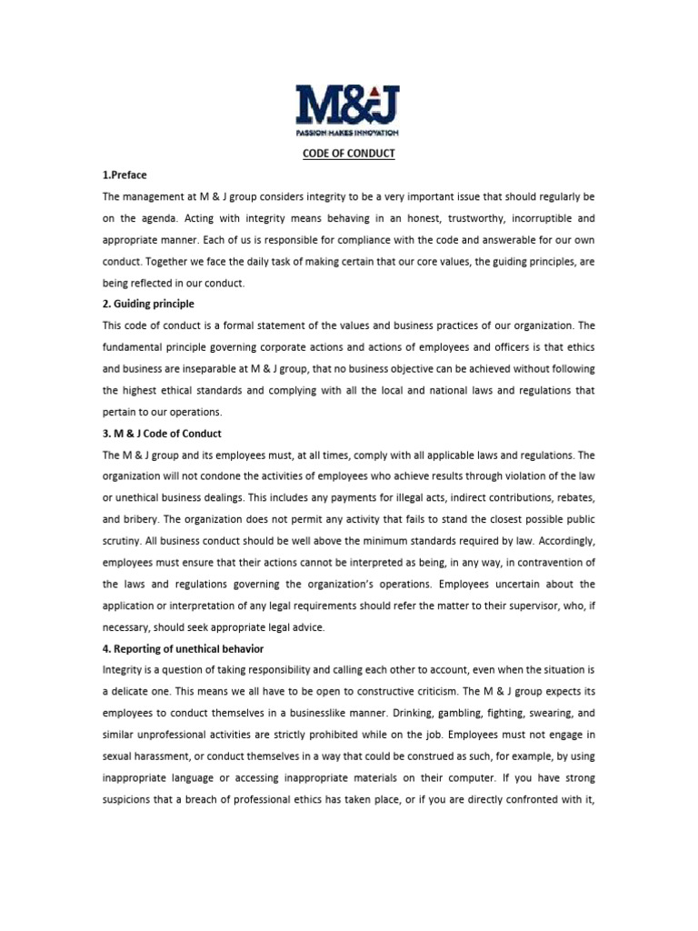 M & J Group Code of Conduct | PDF | Bribery | Gift