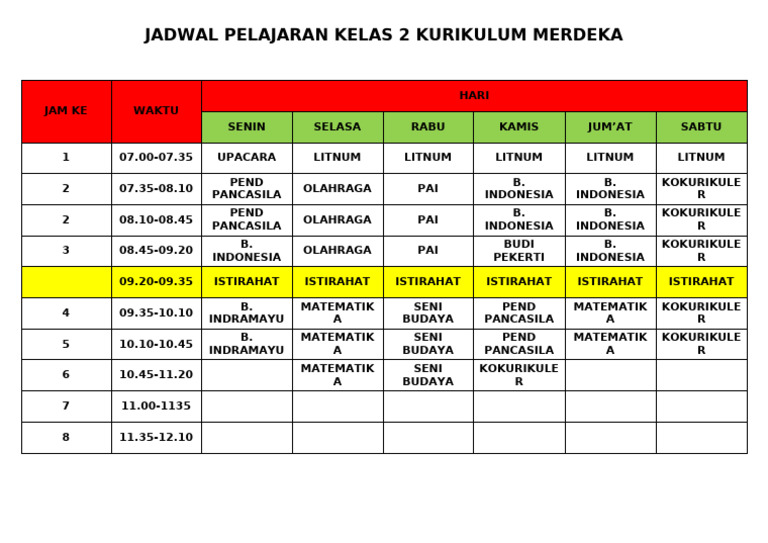 Jadwal Pelajaran Kelas 2 Kurikulum Merdeka | PDF