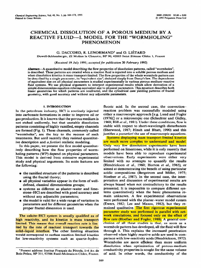 Chemical Dissolution of A Porous Medium by A Reactive Fluid I 1993 ...