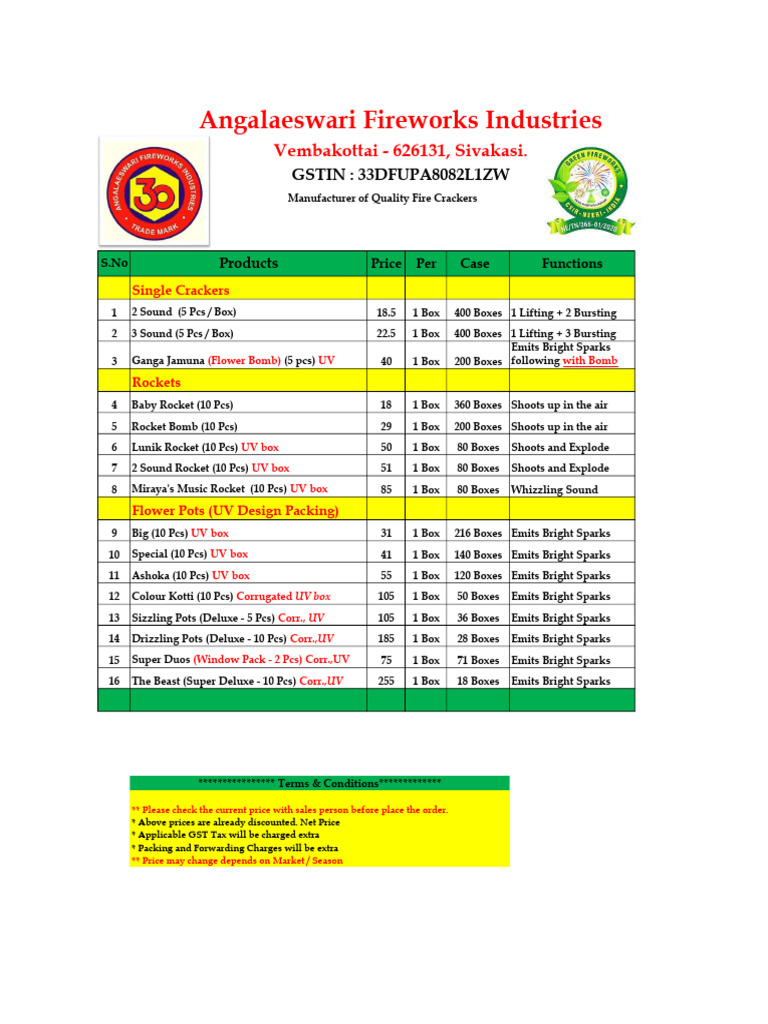 Fireworks Price List 2025 in India | PDF | Gunpowder | Fireworks