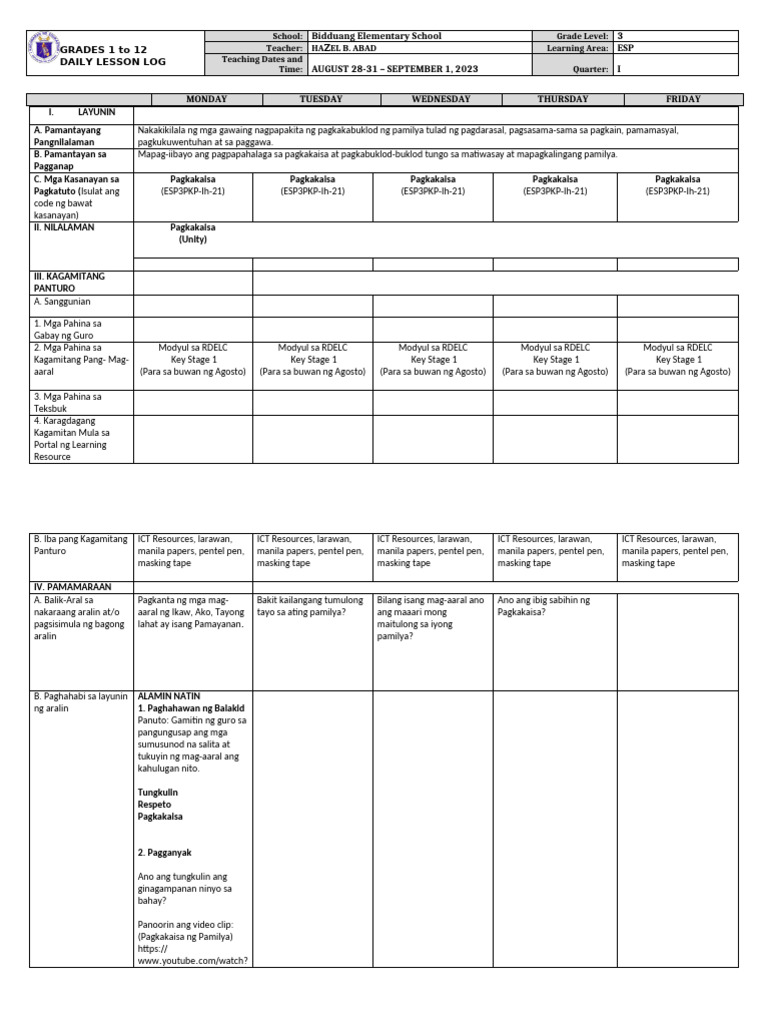 DLL Unity August - GRADE 3 | PDF