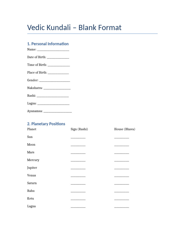 Blank Kundali Format With Chart | PDF