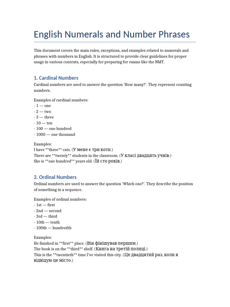 English Numerals and Phrases | PDF | Mathematical Notation | Notation