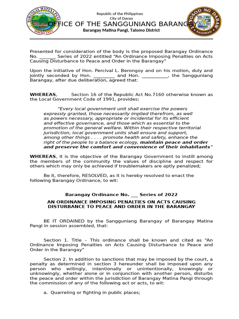 Barangay Ordinance on Peace and Order | PDF | Legal Documents | Public Law