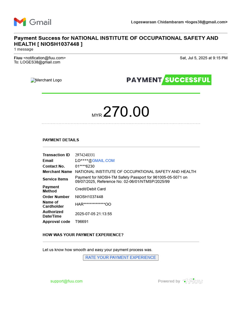 Gmail - Payment Success For National Institute of Occupational Safety ...