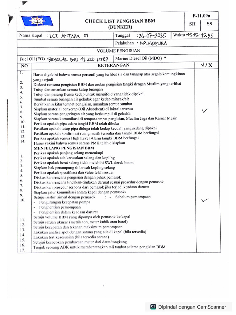 Obs.45 (I&ii&iii) Katup Hisap Lambung Kapal, Checklist Pengisian BBM & Manifold Bunker | PDF