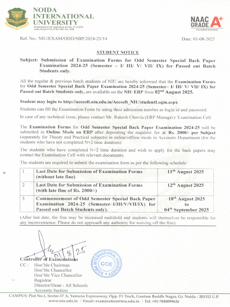 Submission of Examination Forms For Odd Semester Special Back Paper Examination 2024-25 ...