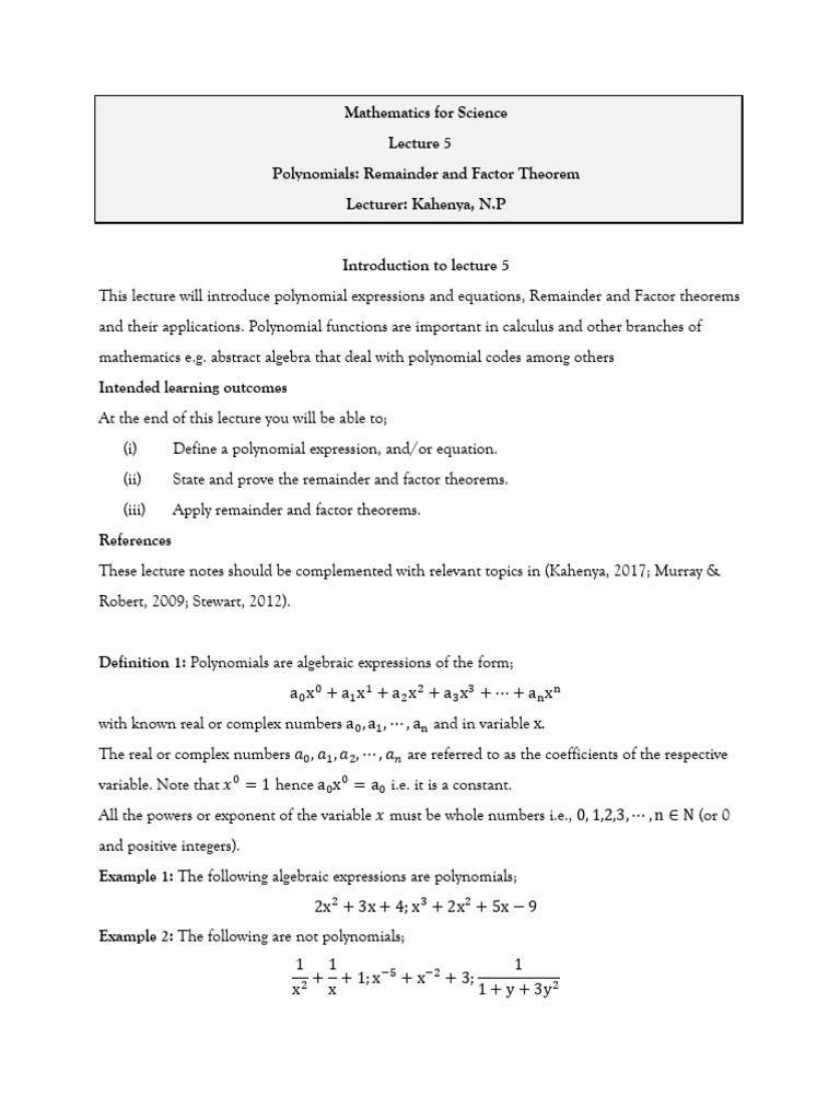 Mathematics For Science - Lecture 5 | PDF | Factorization | Polynomial
