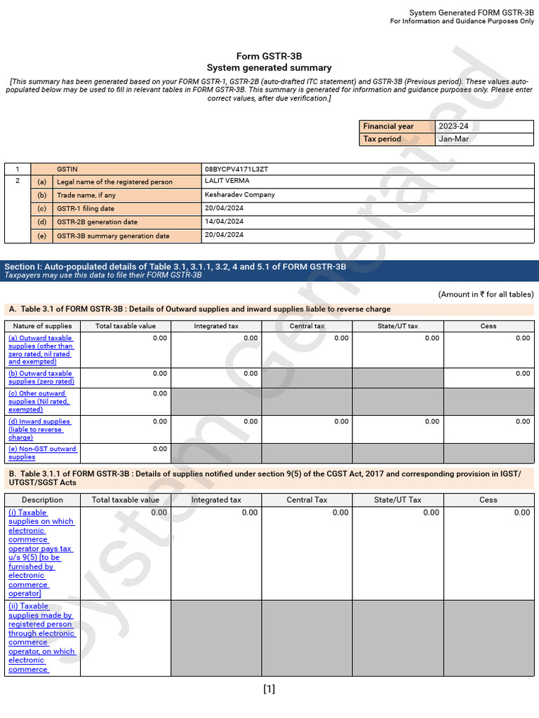 GSTR-3B System Generated Summary | PDF | Taxes | Economies
