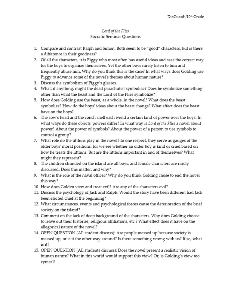 Socratic Seminar Questions for "Lord of the Flies" | PDF