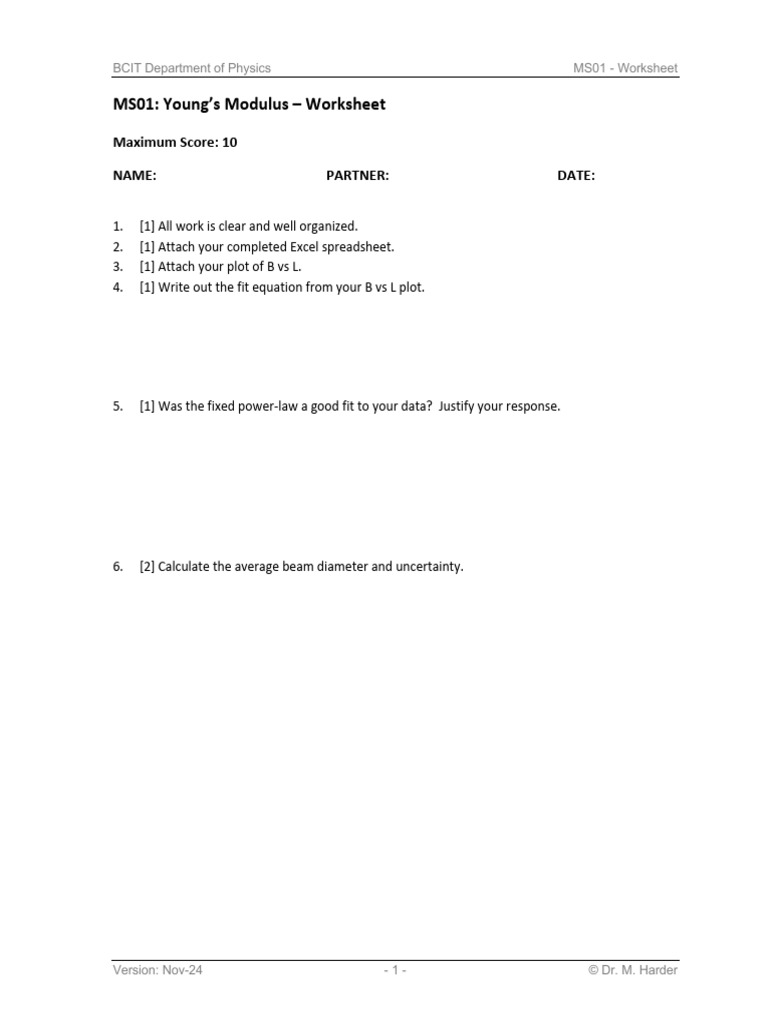 Young's Modulus Worksheet with Excel | PDF