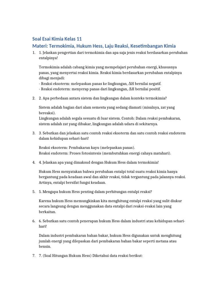 Soal Esai Kimia Kelas 11 Termokimia Hukum Hess Laju Reaksi Kesetimbangan | PDF