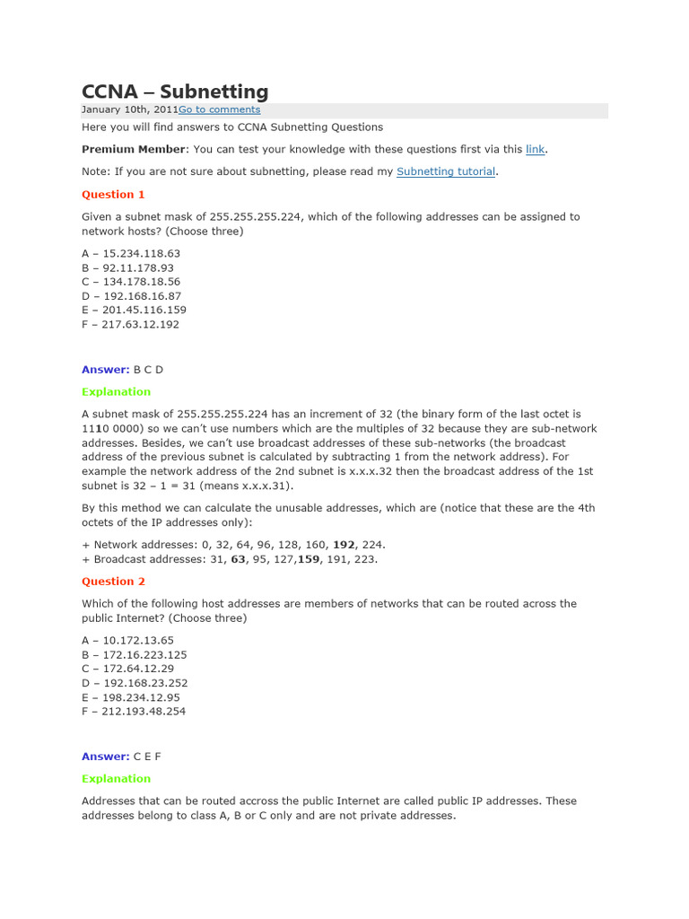 CCNA Subnetting Questions and Answers | PDF | Ip Address | Computer Network
