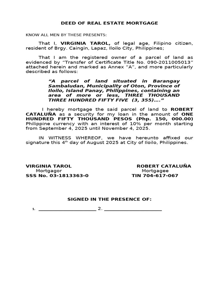 Real Estate Mortgage Agreement Sample | PDF