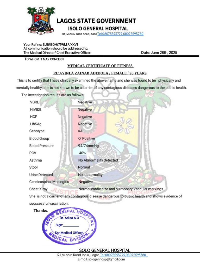 Medical Report - Isolo Gen AYINLA Adebola FITNESS | PDF