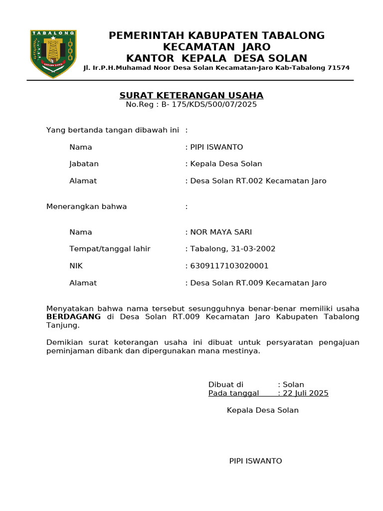 SURAT KETERANGAN USAHA TTD KASI | PDF