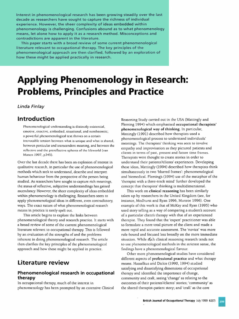 Applying Phenomenology in Occupational Therapy | PDF | Phenomenology ...