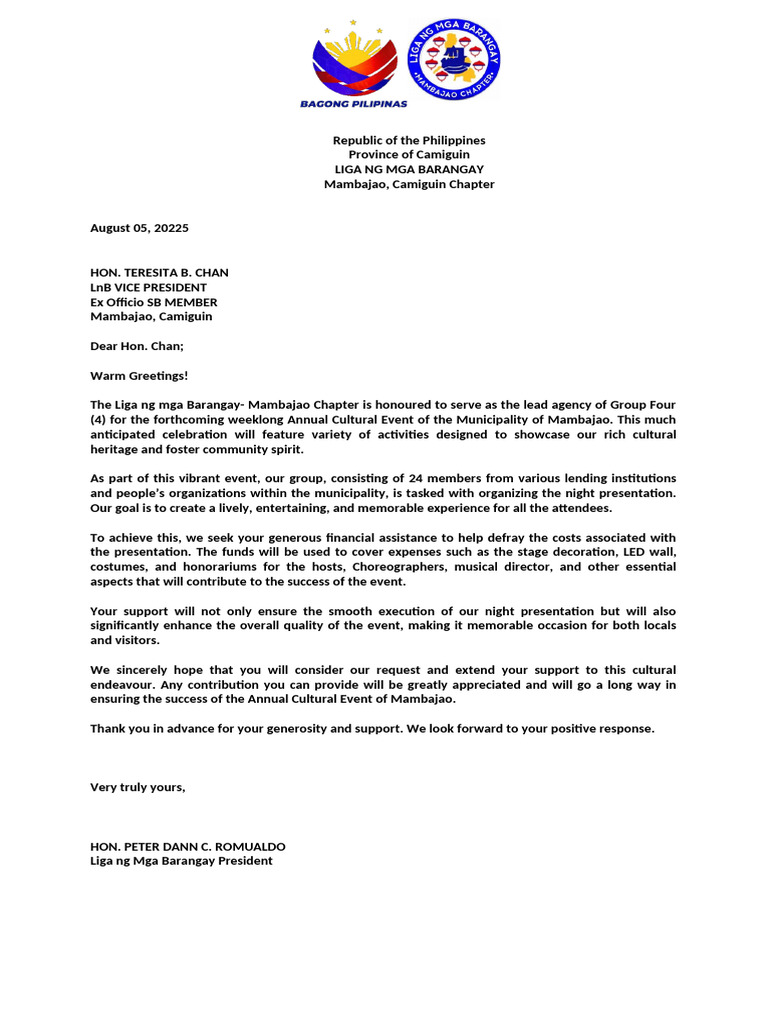 Solicitation Letter Liga NG Barangay | PDF