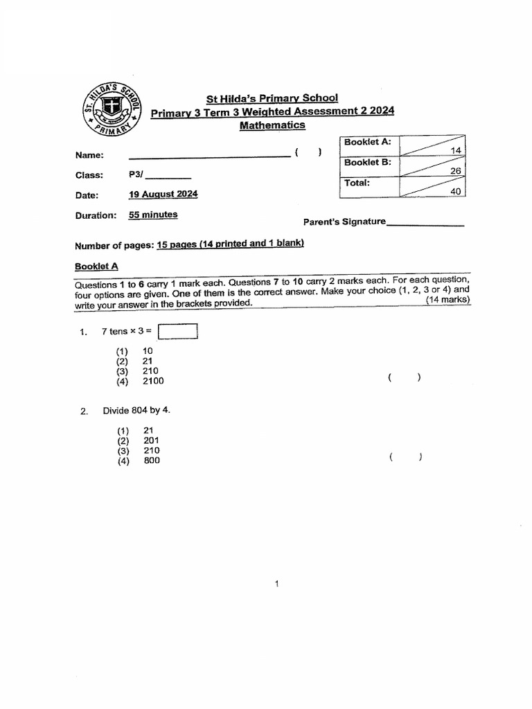 2024 P3 Maths Term 3 Review ST Hilda | PDF