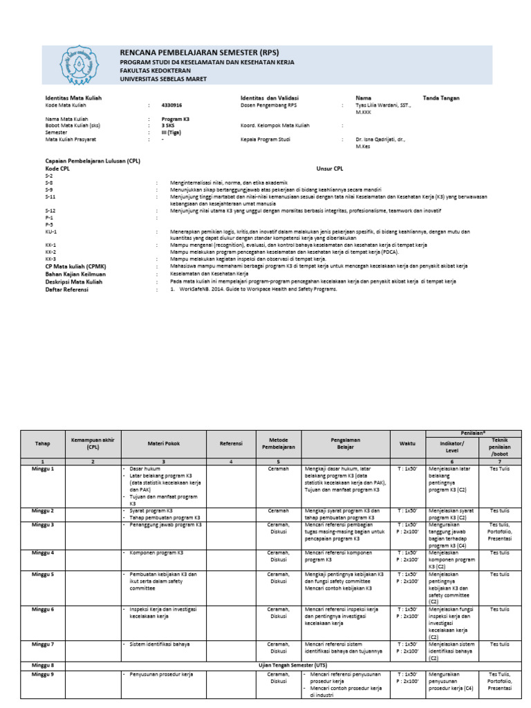 RPS Program K3 D4 Keselamatan Kerja | PDF