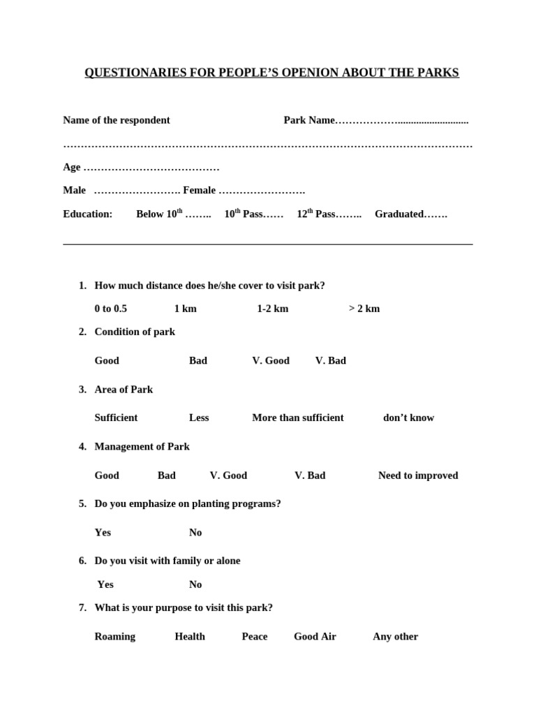Park Visitor Opinion Questionnaire | PDF