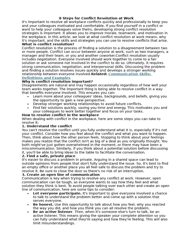 8 Steps to Resolve Workplace Conflicts | PDF | Conflict Resolution ...